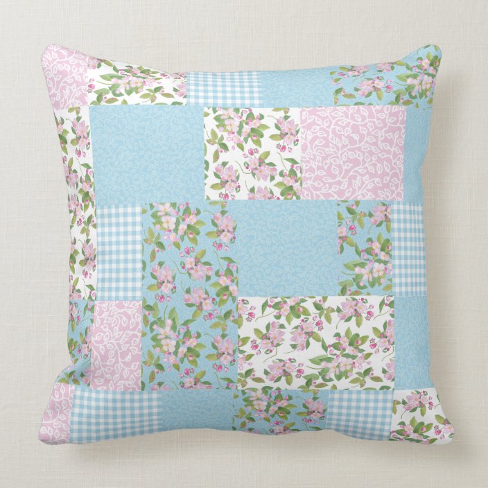 Apple Blossom Pink and Blue Floral Faux Patchwork Throw Pillow | Zazzle.com