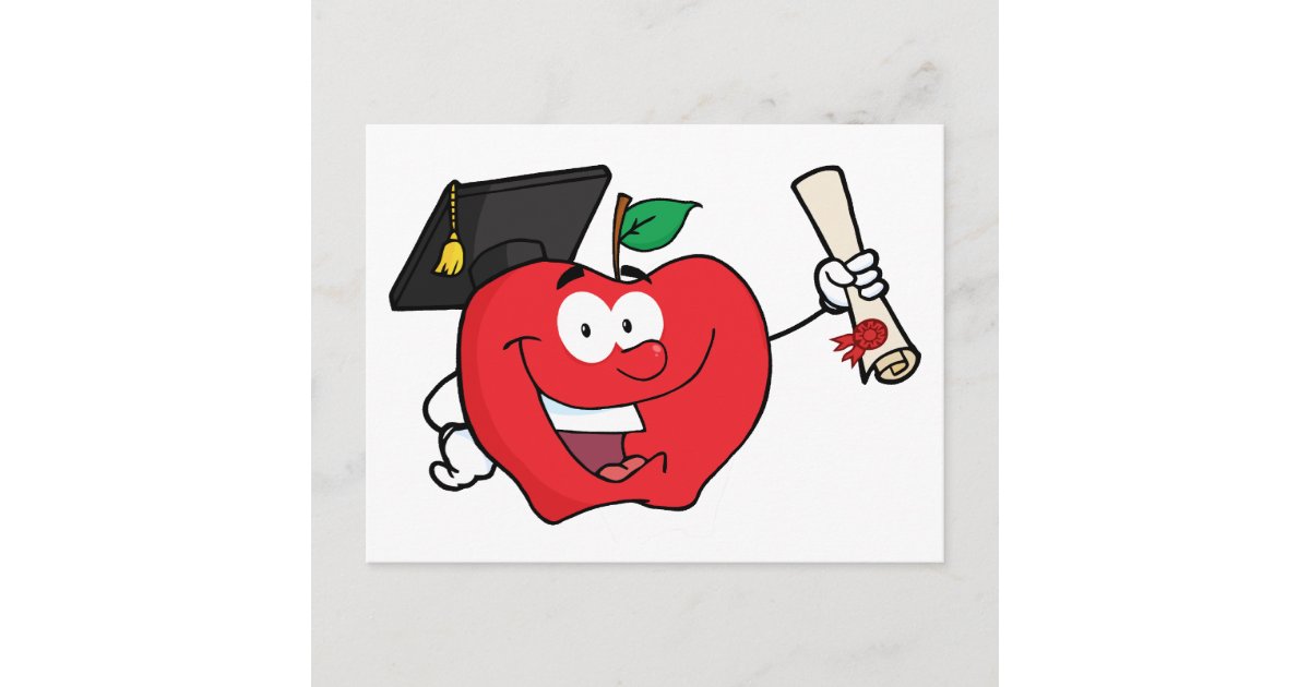Apple Character Graduate Holding A Diploma Announcement Postcard | Zazzle