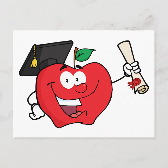 Apple Character Graduate Holding A Diploma Announcement Postcard | Zazzle