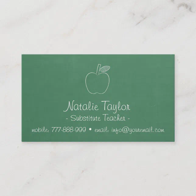 Apple Doodle Green Chalkboard Substitute Teacher Business Card | Zazzle