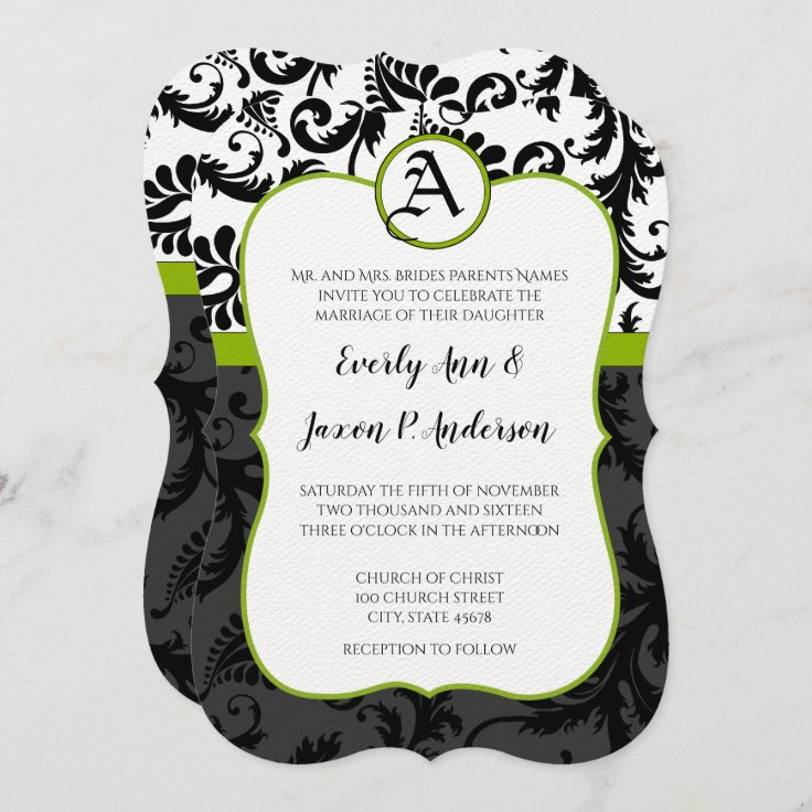 Apple Green Black Unique Damask Wedding Invitation | Zazzle