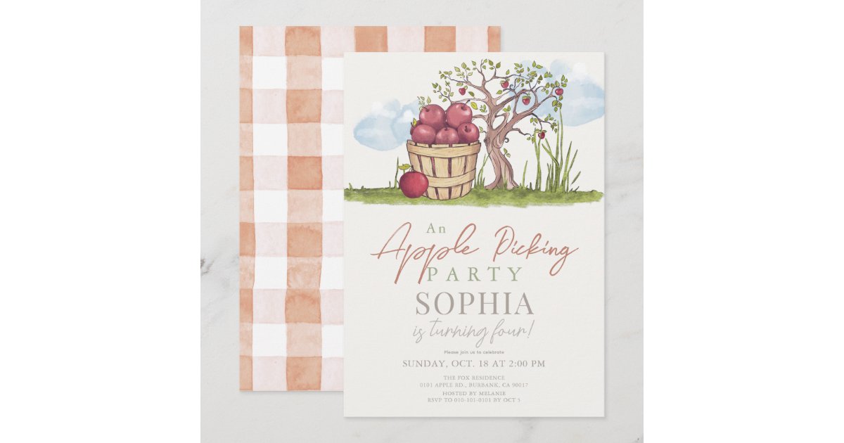 Apple Picking Basket & Apple Tree Birthday Invitation | Zazzle