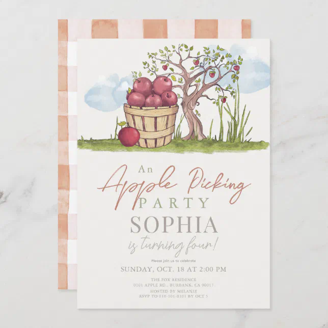 Apple Picking Basket & Apple Tree Birthday Invitation | Zazzle