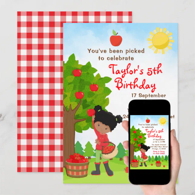 Apple Picking Birthday African American Girl Invit Invitation | Zazzle