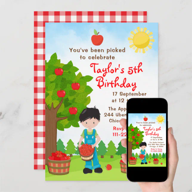 Apple Picking Birthday Black Hair Boy Invitation | Zazzle