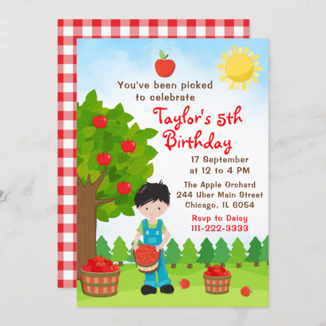 Apple Picking Birthday Black Hair Boy Invitation | Zazzle