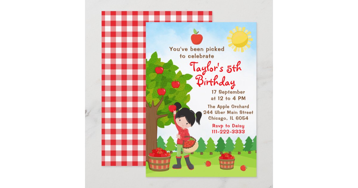 Apple Picking Birthday Black Hair Girl Invitation | Zazzle