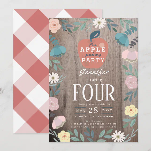 Apple Picking Party Floral Wood Kids Birthday Invitation | Zazzle