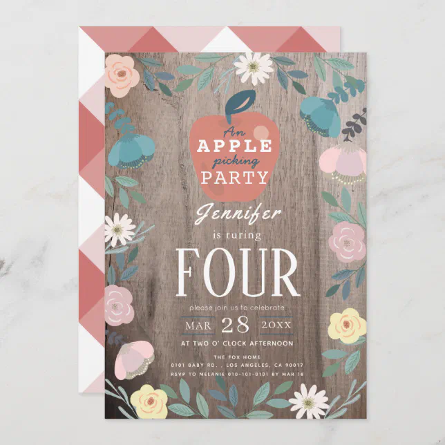 Apple Picking Party Floral Wood Kids Birthday Invitation | Zazzle