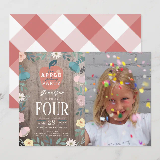 Apple Picking Party Floral Wood Photo Birthday Invitation | Zazzle