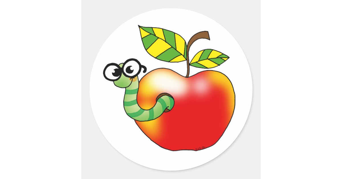 Apple & Worm, back to school Classic Round Sticker | Zazzle