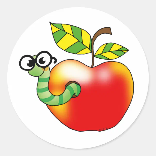 Apple & Worm, back to school Classic Round Sticker | Zazzle