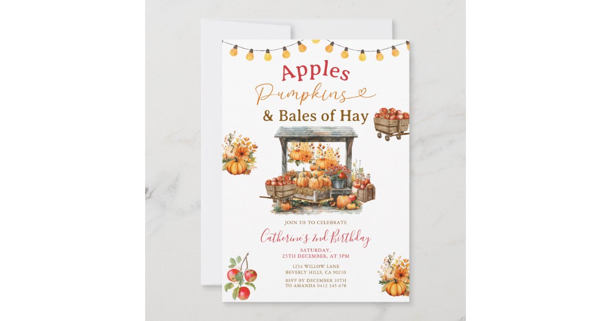 Apples Pumpkins and Bales of Hay Birthday Autumn Invitation | Zazzle