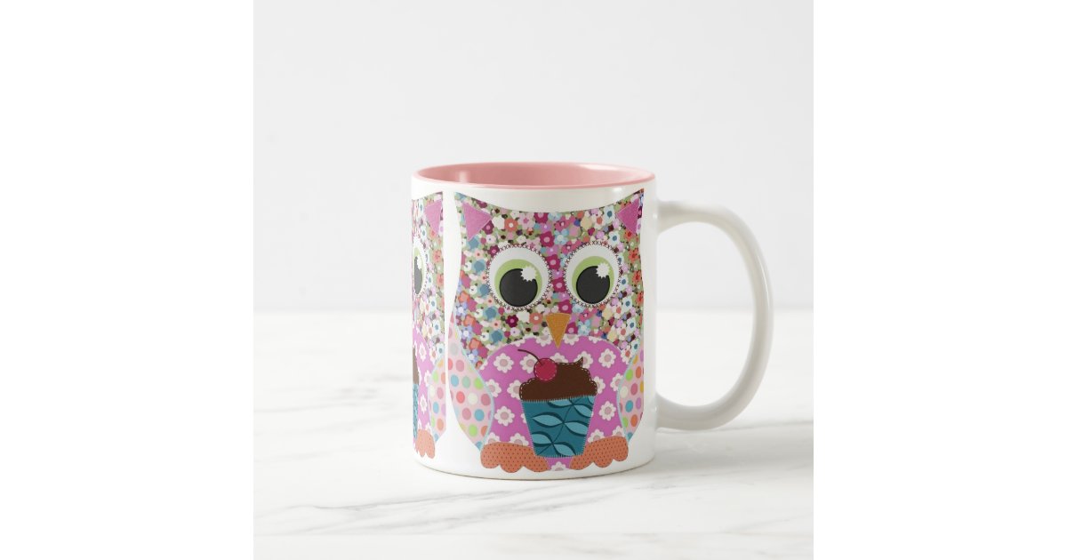 Appliqué Patch Pink Owl Two-Tone Coffee Mug | Zazzle
