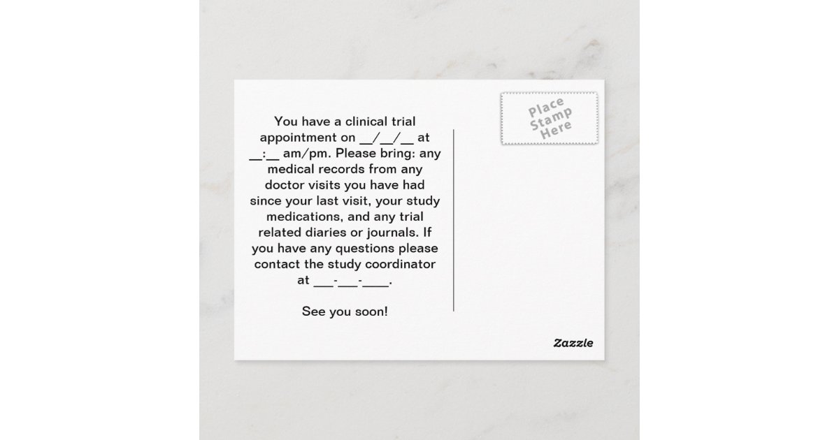 Appointment reminder for clinical trial postcard | Zazzle