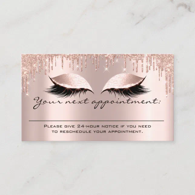 Appointment Reminder Rose Blush Glitter Lashes Business Card | Zazzle