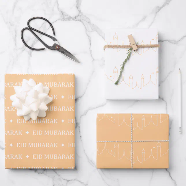 Apricot Eid Mubarak Masjid Pattern Design Wrapping Paper Sheets | Zazzle