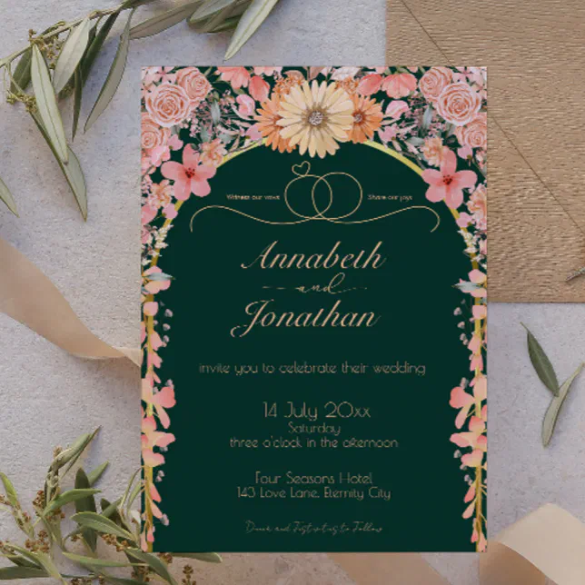 Apricot Emerald Wildflower Wedding Invitation | Zazzle