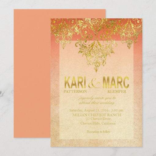 Apricot & Gold Gatsby Glitter Flourish Wedding Invitation | Zazzle