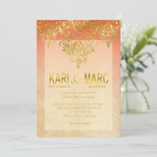 Apricot & Gold Gatsby Glitter Flourish Wedding Invitation | Zazzle