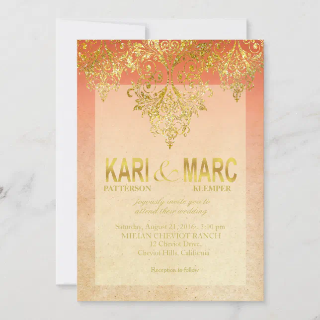 Apricot & Gold Gatsby Glitter Flourish Wedding Invitation | Zazzle