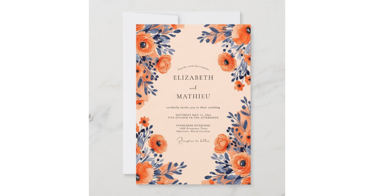 Apricot Navy Opulent Floral Wedding Invitation | Zazzle