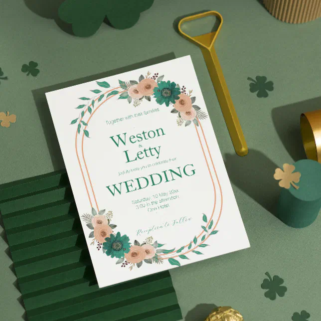 Apricot Peach Emerald Simple Wedding Invitation | Zazzle