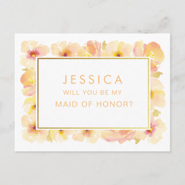 Apricot Peach Watercolor Maid of Honor Request Postcard | Zazzle