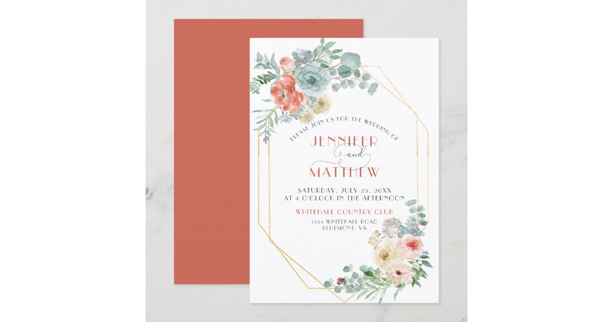 Apricot Wasabi Green Gold Geometric Floral Wedding Invitation | Zazzle
