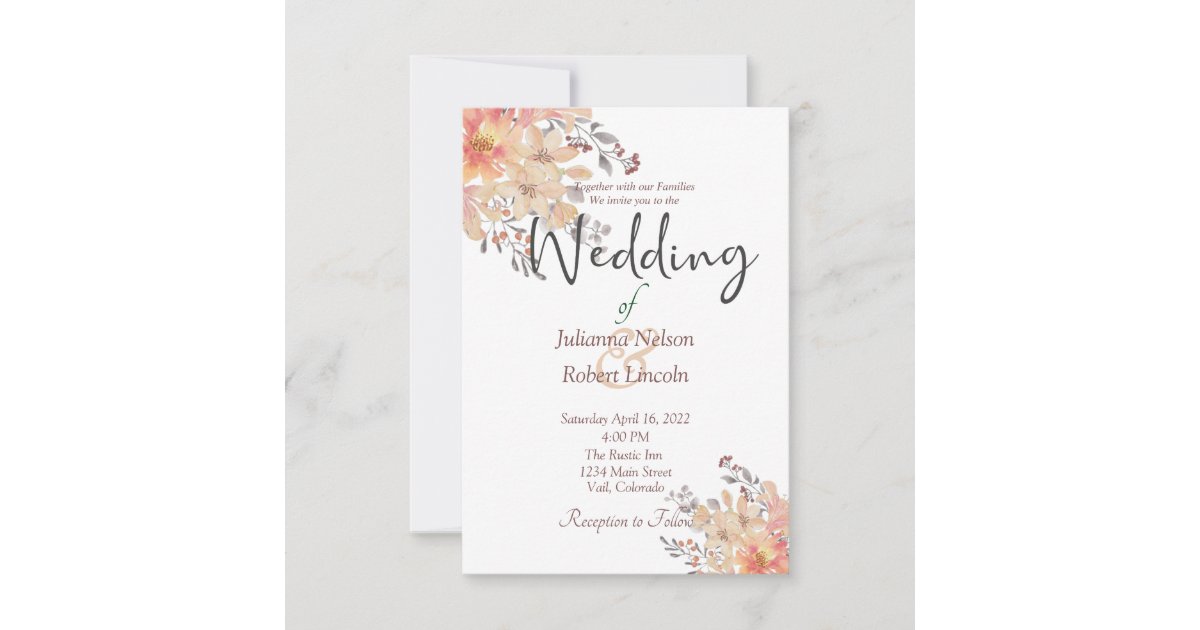 Apricot watercolor floral wedding invitation | Zazzle