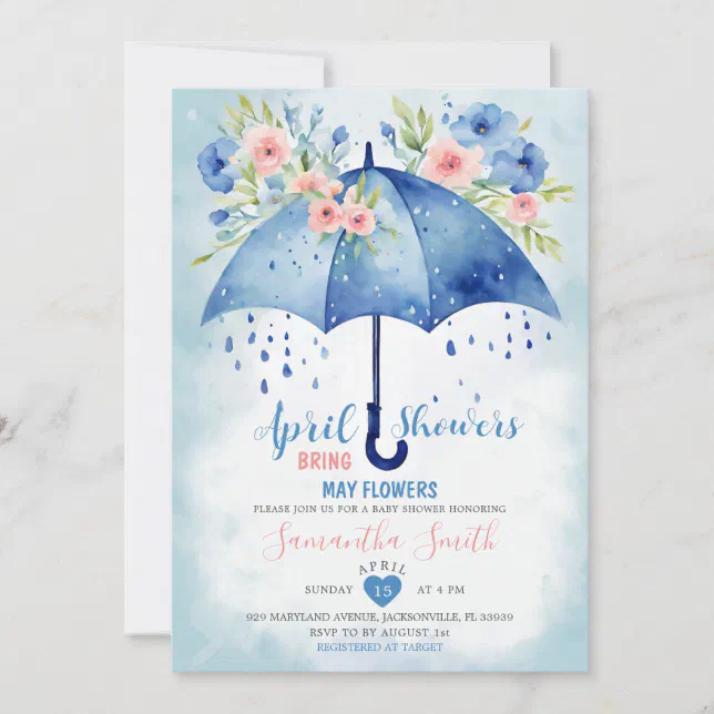 April Showers Bring May Flowers Blue Umbrella Invitation | Zazzle