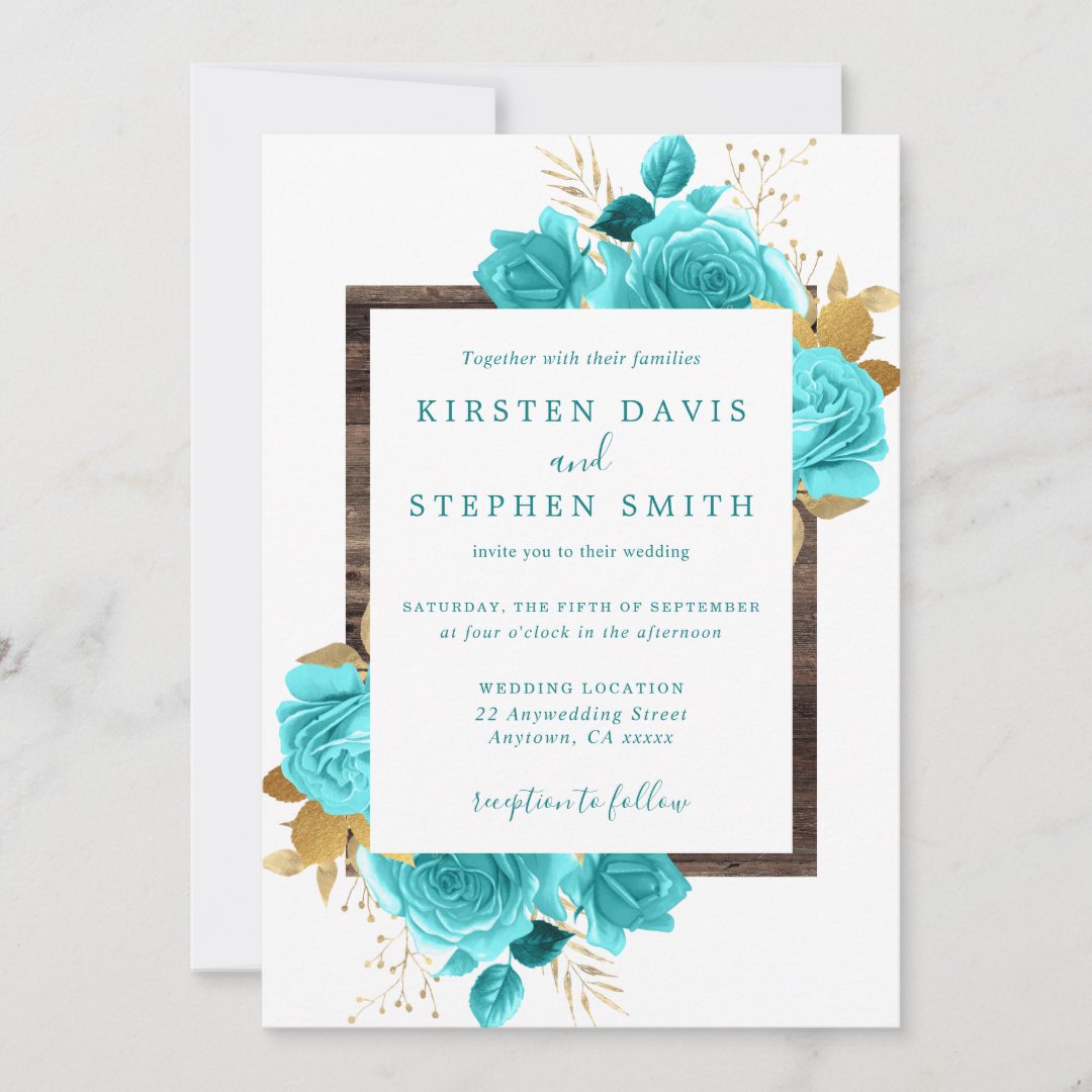 Aqua and Gold Floral Rustic Wood Wedding Invitation | Zazzle