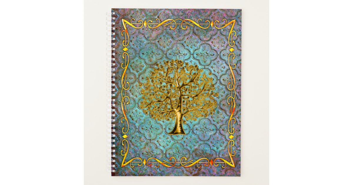 Aqua and Gold Tree of Life Ancient Tome Planner | Zazzle