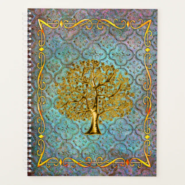 Aqua and Gold Tree of Life Ancient Tome Planner | Zazzle