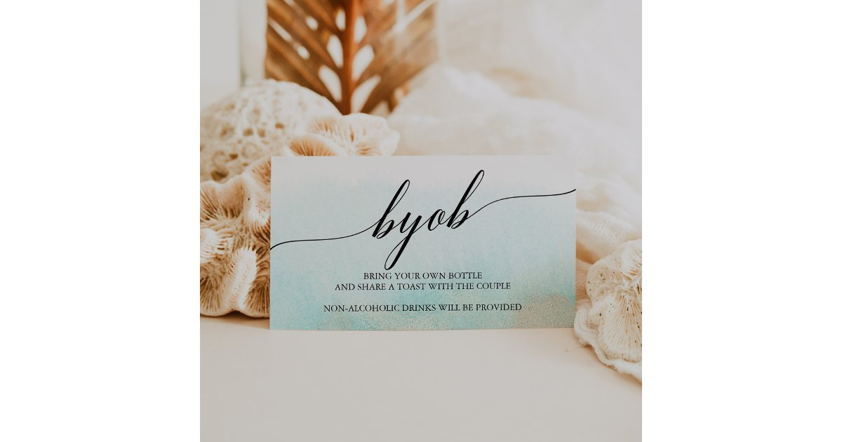 Aqua and Gold Watercolor Beach BYOB Enclosure Card | Zazzle