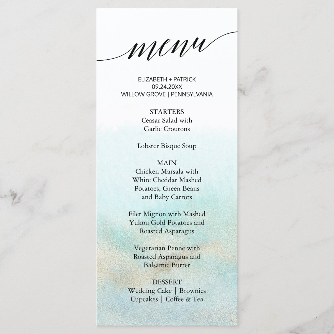 Aqua and Gold Watercolor Beach Dinner Menu Card | Zazzle
