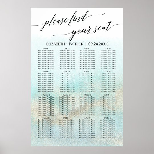 Aqua and Gold Watercolor Beach Seating Chart | Zazzle.com
