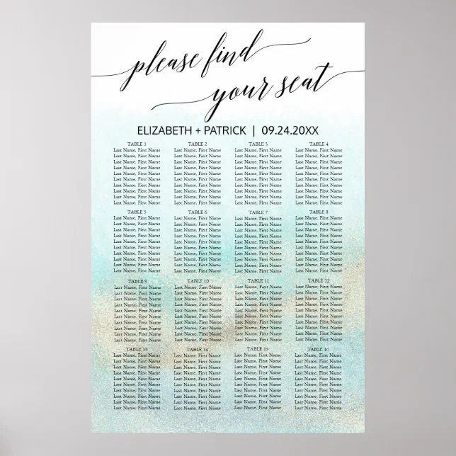 Aqua and Gold Watercolor Beach Seating Chart | Zazzle