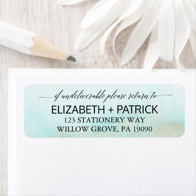 Aqua and Gold Watercolor Beach Wedding Label | Zazzle
