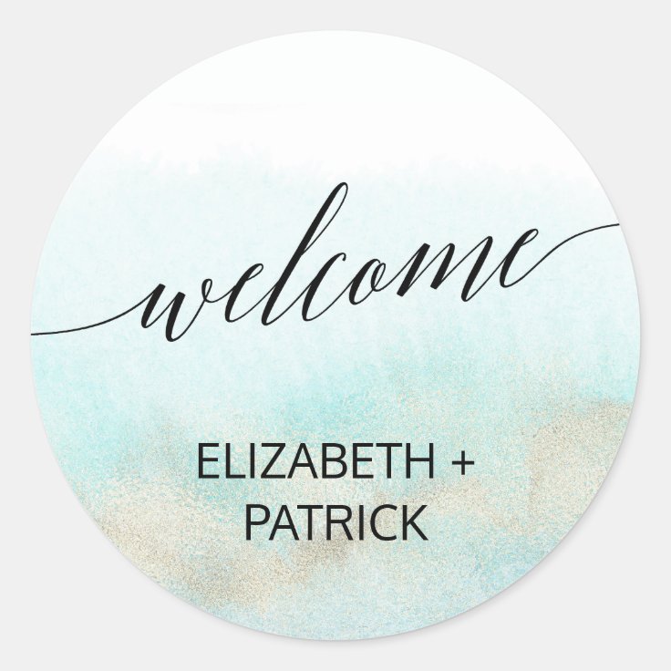 Aqua and Gold Watercolor Beach Wedding Welcome Classic Round Sticker ...