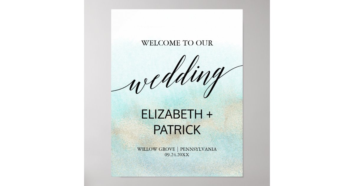 Aqua and Gold Watercolor Beach Wedding Welcome Poster | Zazzle