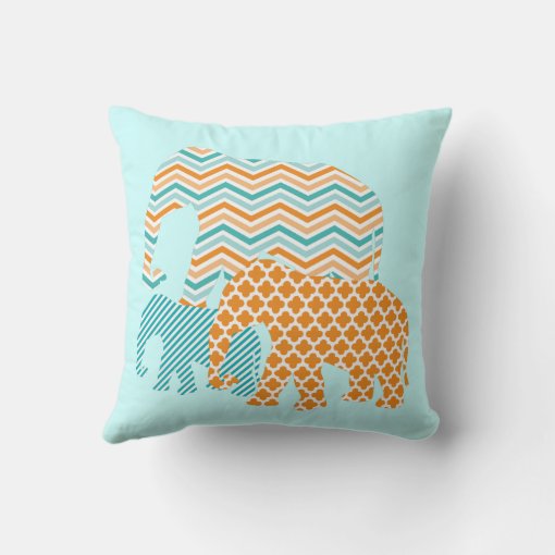 Aqua and Orange Elephants Throw Pillow | Zazzle