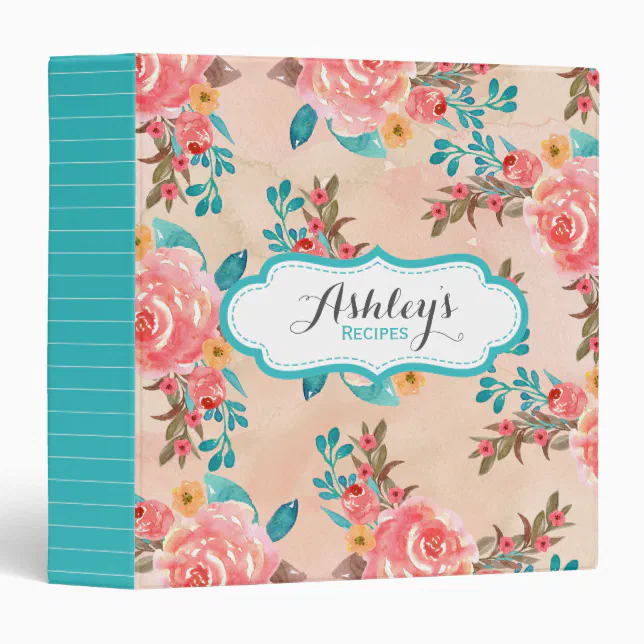 Aqua and Peach Floral Pattern Recipe Binder | Zazzle