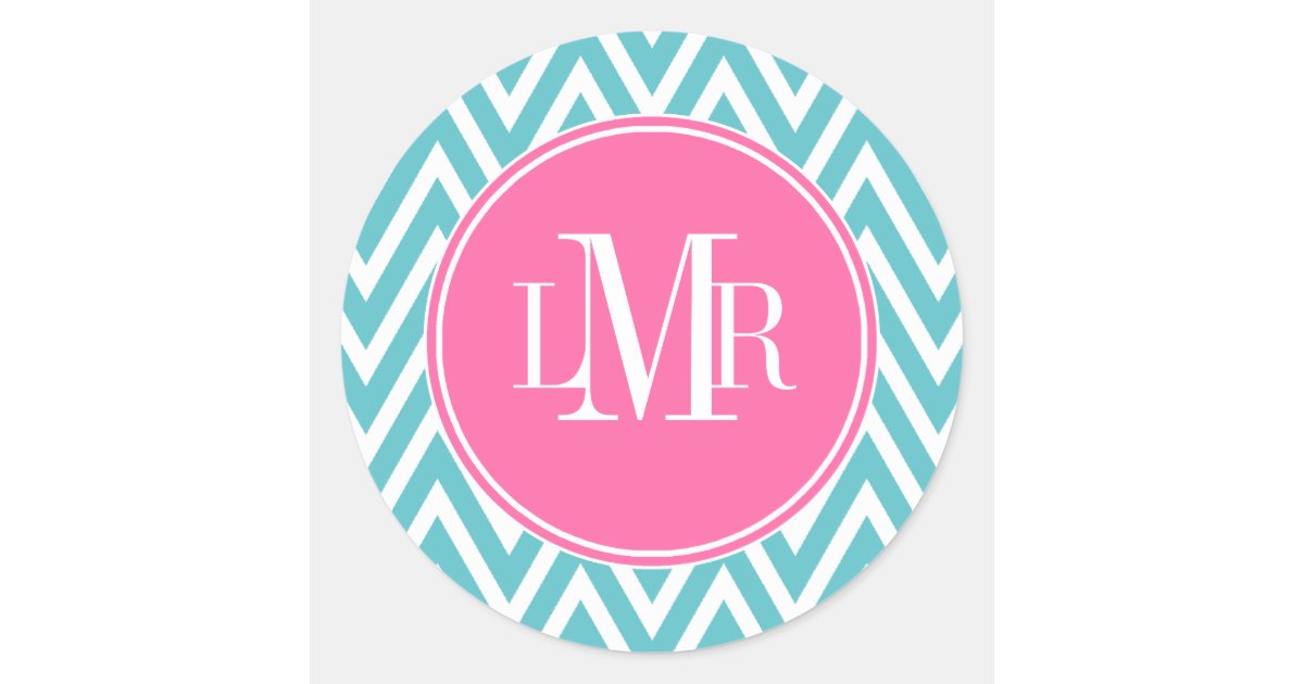 Aqua and Pink Chevrons Monogram Classic Round Sticker | Zazzle