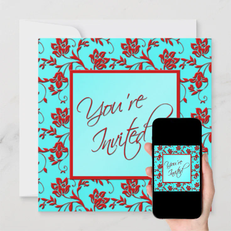 Aqua and Red Floral "You're Invited" Invitation | Zazzle