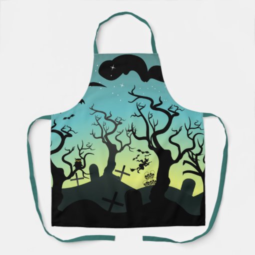 Aqua and yellow haunted graveyard Halloween Apron | Zazzle