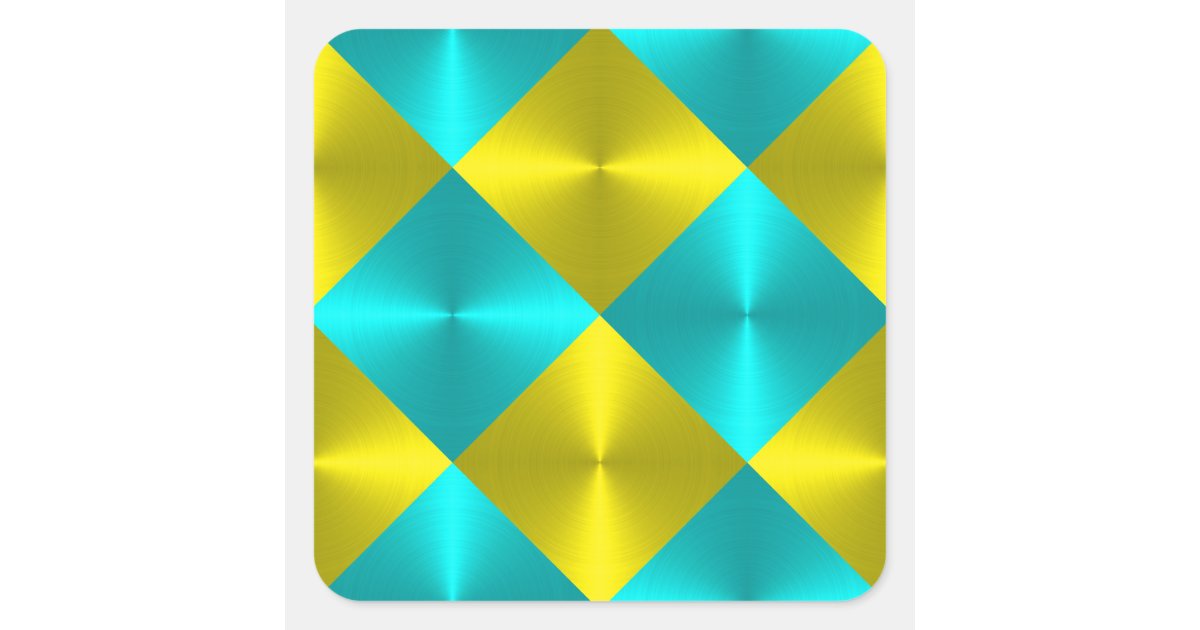 Aqua and Yellow Metallic Looking Squares Square Sticker | Zazzle