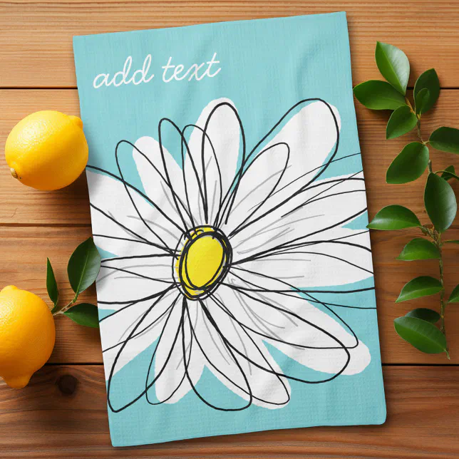 Aqua and Yellow Whimsical Daisy Custom Text Kitchen Towel | Zazzle