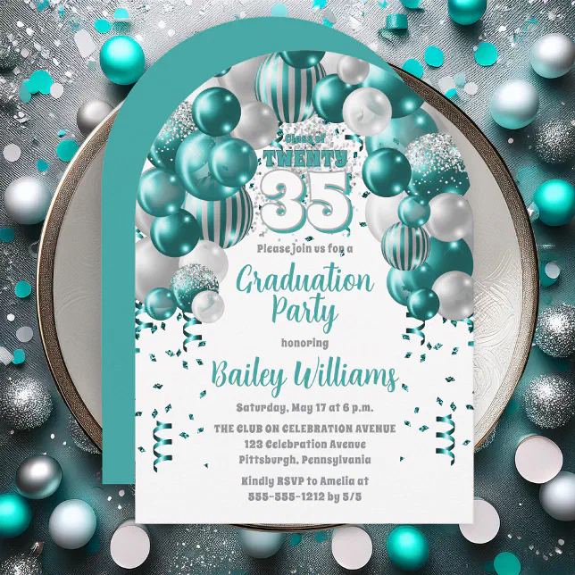 Aqua Balloons Class Year Graduation Party Invitation | Zazzle