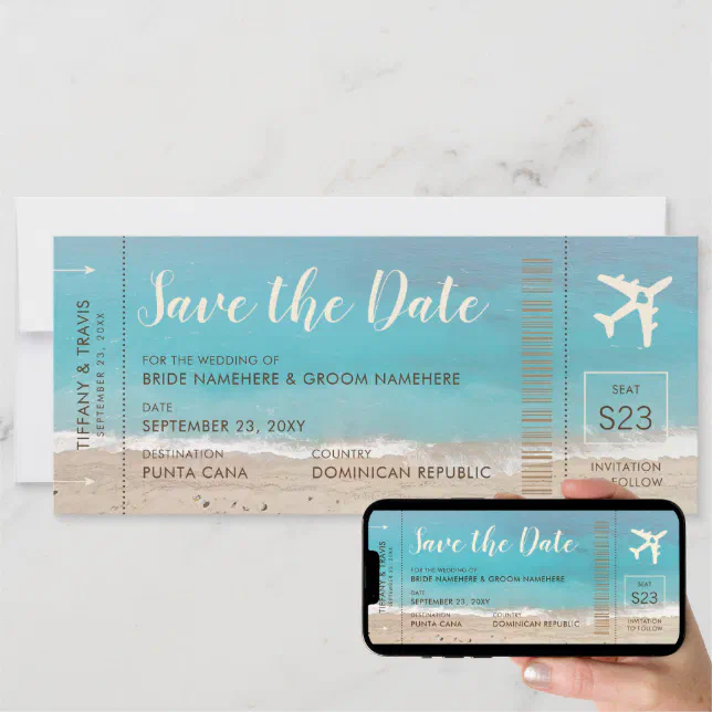 Aqua Beach Boarding Pass Ticket Save the Date Card | Zazzle